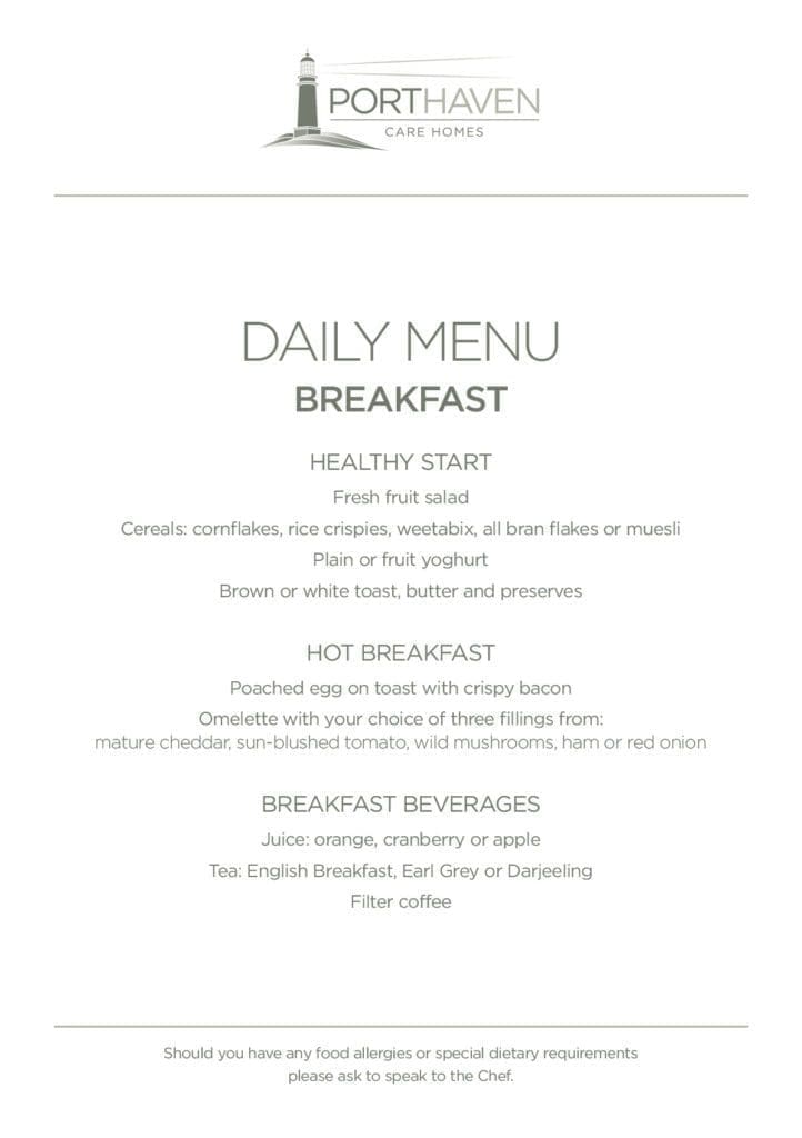 Our Care Home Food Menus | Porthaven Care Homes